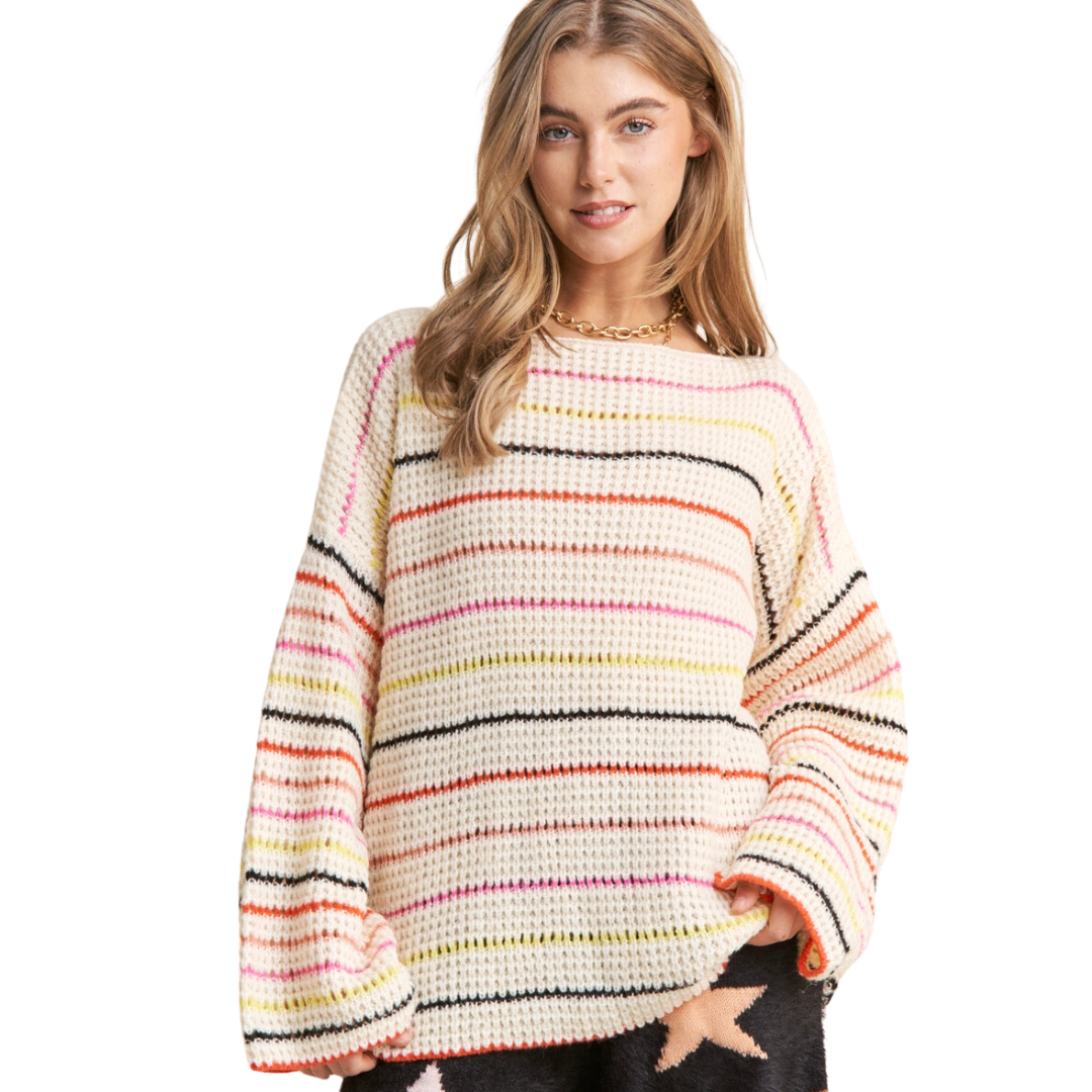 Striped Bell Sleeve Relaxed Fit Sweater Top – Golden Hour Gift Co