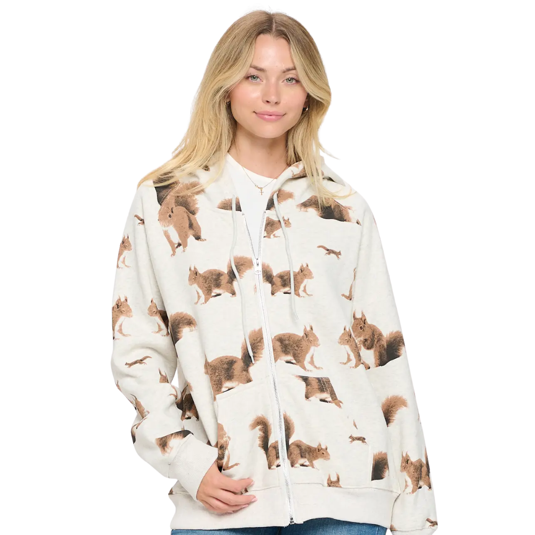 Squirrel Print Zip Up Hoodie – Golden Hour Gift Co